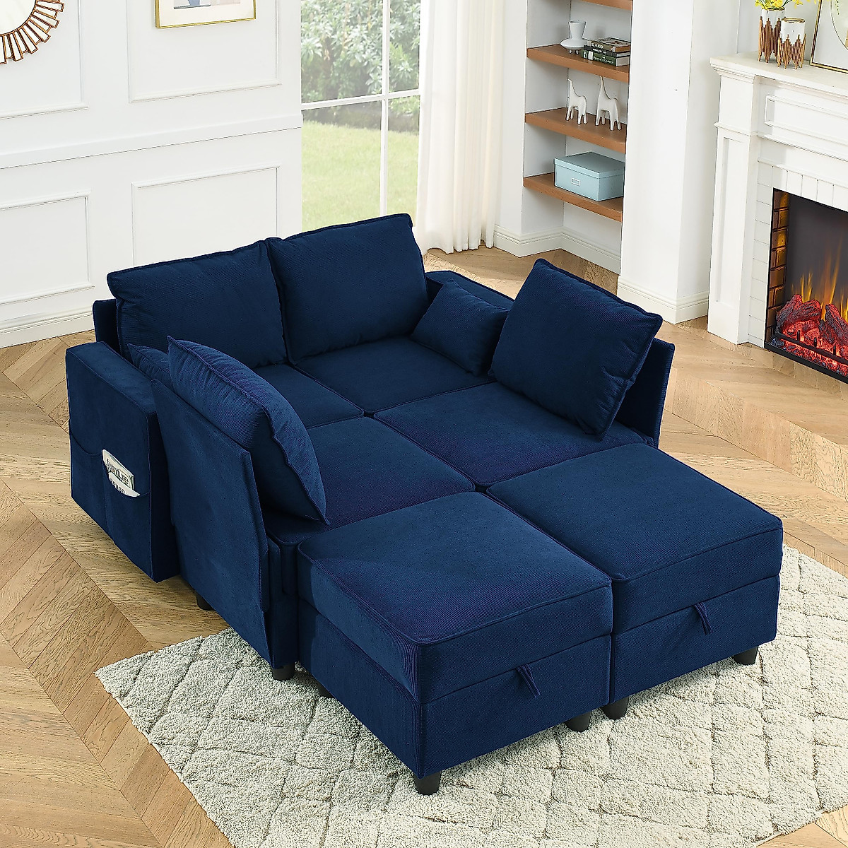 kevinplus 112.6" Modular Sectional Sofa Couch with Storage for Living Room, Modern Contemporary 4-Seat U-Shape Sofa Couch 2 Reversible Ottoman for Apartment, Corduroy Velvet, Navy Blue (2 Ottoman)