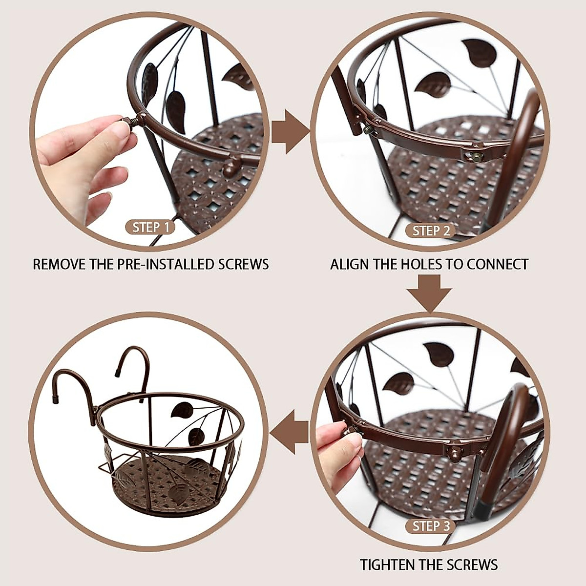 Neisrai Iron Art Metal Railing Flower Pot Hanging Basket for Indoor Pot Holder Hanger 3 Pack Outdoor Plants Perfect for Porches and Patio Decor Leaf Pattern (Black)