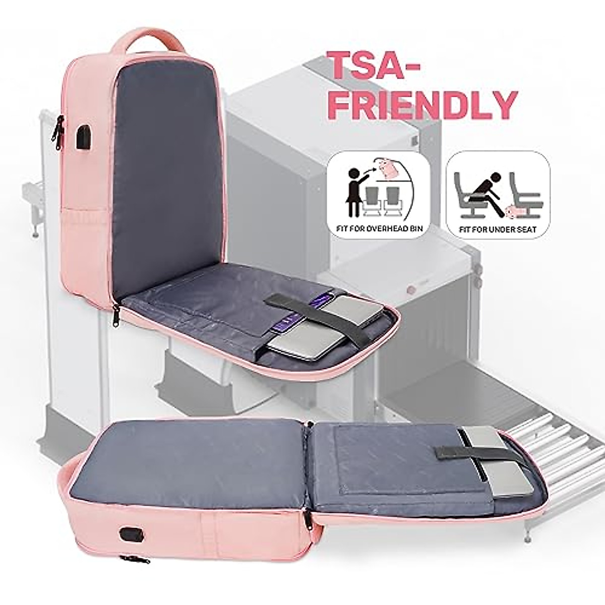 Carry On Backpack for Women, Cute Pink College backpack with USB Charging Port for 15.6inch Laptop, Flight Approved 35l Travel Backpack Casual Bag Luggage Gifts for Graduates Gym Weekend Hiking,Pink