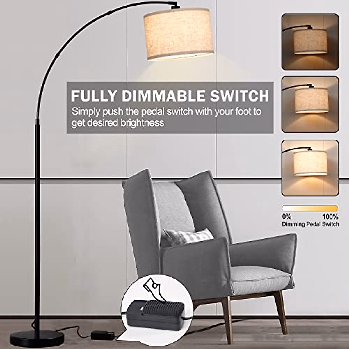 Luvkczc Dimmable Arc Floor Lamps for Living Room, Tall Floor Lamps with Adjustable Hanging Shade, Modern Arc Floor Lamp with Dimmer for Bedroom, 8WLED Bulb Include