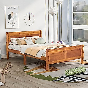 OTRIEK Queen Size Wooden Platform Bed Frames with Headboard/Footboard, Simple Modern Country Platform Bed with Sturdy Solid Wood Slat Support for Bedroom Small Living Space Boys Girls (Oak, Full)