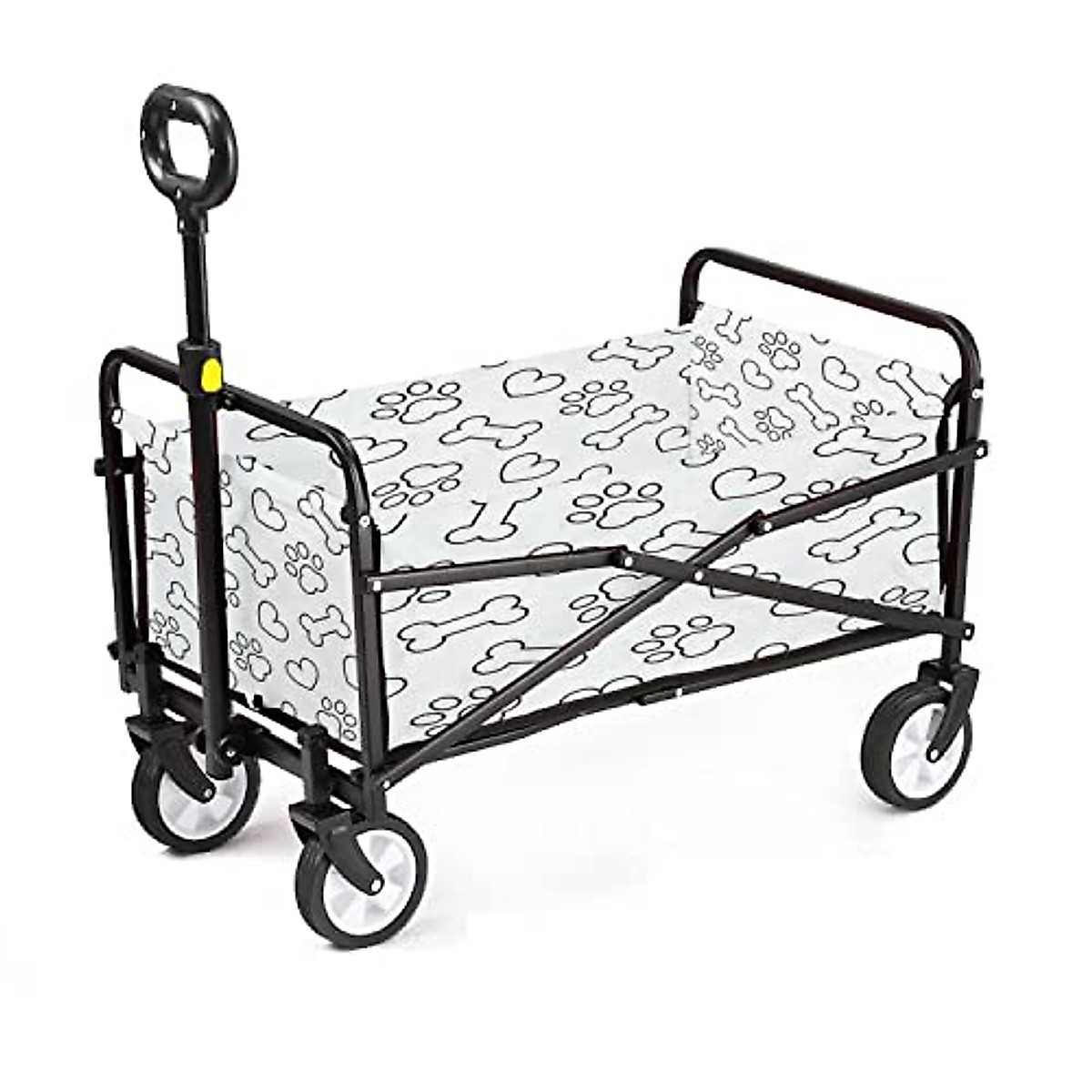 Collapsible Wagon Cart Pet Dog Footprints Heart and Bone Black Outline on a White Seamless Foldable Utility Wagon Large Capacity Garden Cart with Push Bar for Beach Camp Outdoor Shopping