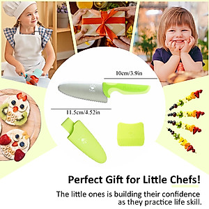 Kids Knife Set for Real Cooking, Friendly Safety Knife for Kids, Stainless Steel Child Chef Knife with Finger Protector, Round Tip Kids Knife for Cutting, Serrated Edges (green)