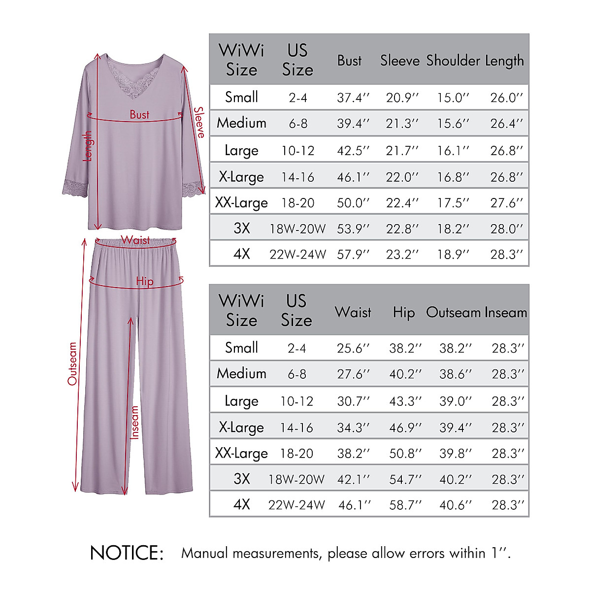 WiWi Viscose from Bamboo Pajamas Sets for Women Long Sleeve Sleepwear Soft V Neck Top with Pants Plus Size Pjs S-4X, Pink, X-Large