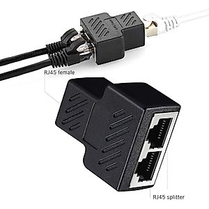 RJ45 Splitter Adapter, Minriu 1 to 2 Port USB to RJ45 Socket Adapter Interface Ethernet Adapter 8P8C Extender Plug LAN Network Connector for Cat5, Cat5e, Cat6, Cat7, Black 1