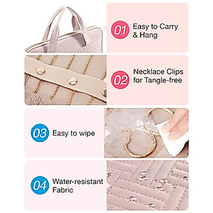 BAGSMART Travel Jewelry Organizer Case,Hanging Roll Jewelry Bag for Travel with Pockets,Large Capacity Jewelry Roll Bag for Rings,Necklaces,Earrings,Bracelets,Bracelets,Portable Travel Essentials,Pink