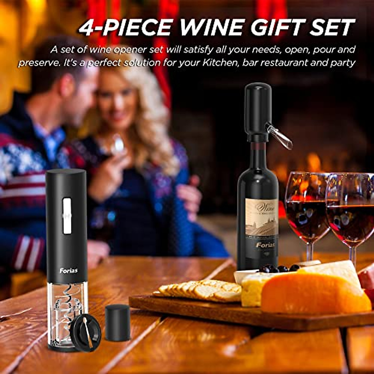 Forias Electric Wine Opener, Automatic Wine Bottle Opener Set with Rechargeable Wine Opener,Electric Wine Aerator Pourer,Vacuum Wine Stopper and Foil Cutter 4-in-1 Wine Gift Set