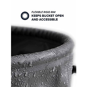 Rogue Endeavor Heavy Duty Collapsible Bucket (5 Gallon (20L) Includes Lid), Mesh Bag, Beach and Salt Water Ready, Durable Reinforced Design with Metal Hardware (Black)