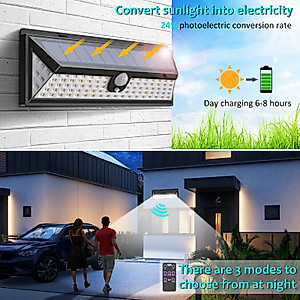 Solar Motion Sensor Security Lights Wall Lights Solar Sound Alarm Strobe Light,4 Modes IP65 Waterproof,Solar Reflector Lights Outdoor LED Motion Sensor Noise Maker with Remote for Garden Patio Yard