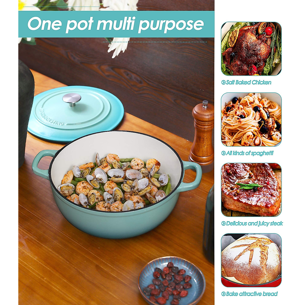 EDGING CASTING Enameled Cast Iron Dutch Oven with Lid, Bread Oven Dual Handle, Cookware Pot, Suitable For Bread Baking, 3.5 Quart, Peacock Blue