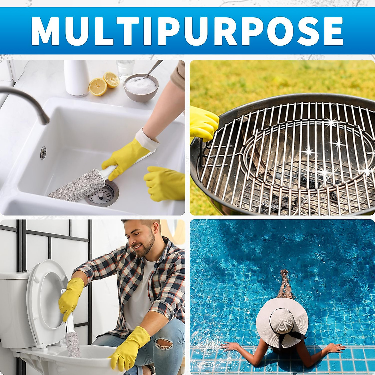 4TH Pumice Stone Toilet Bowl Cleaning Scouring Stick with Extra Large Handle,Cleans Away Limescale Stain,Hard Water Rings, Calcium,Iron and Rust. Remover for Tile/Bath/Kitchen - 2 Pack