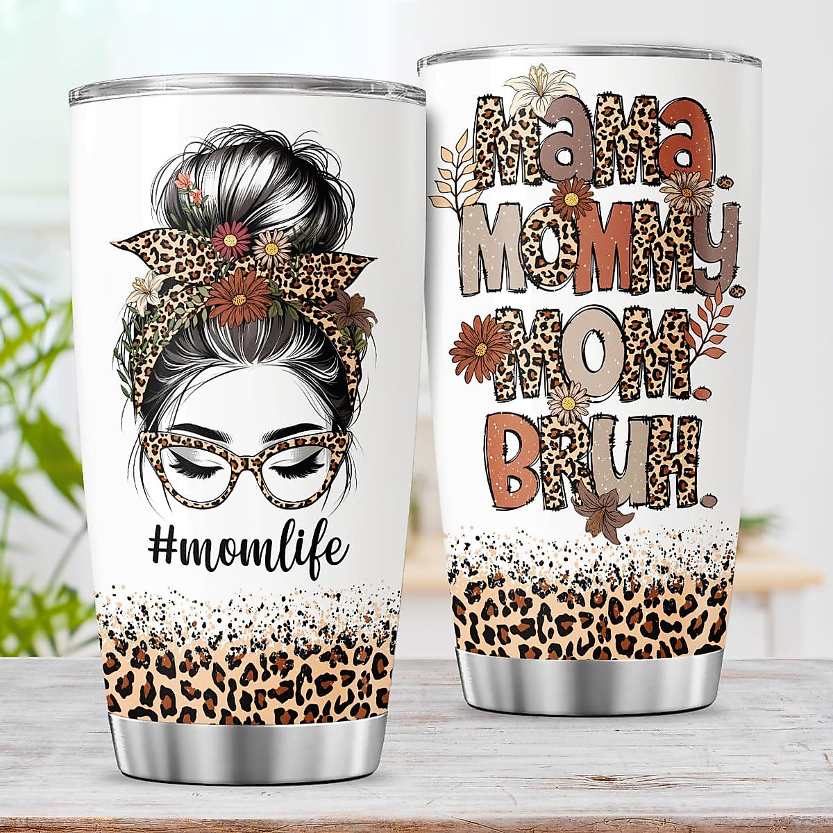 Tumbler 20 Oz With Lid And Straw, Day Mothers Women For Leopard Cheetah Print Funny Handle Mama Coffee Insulated Tumblers Mommy Mother Cups, Mom Gifts, Mom Bruh
