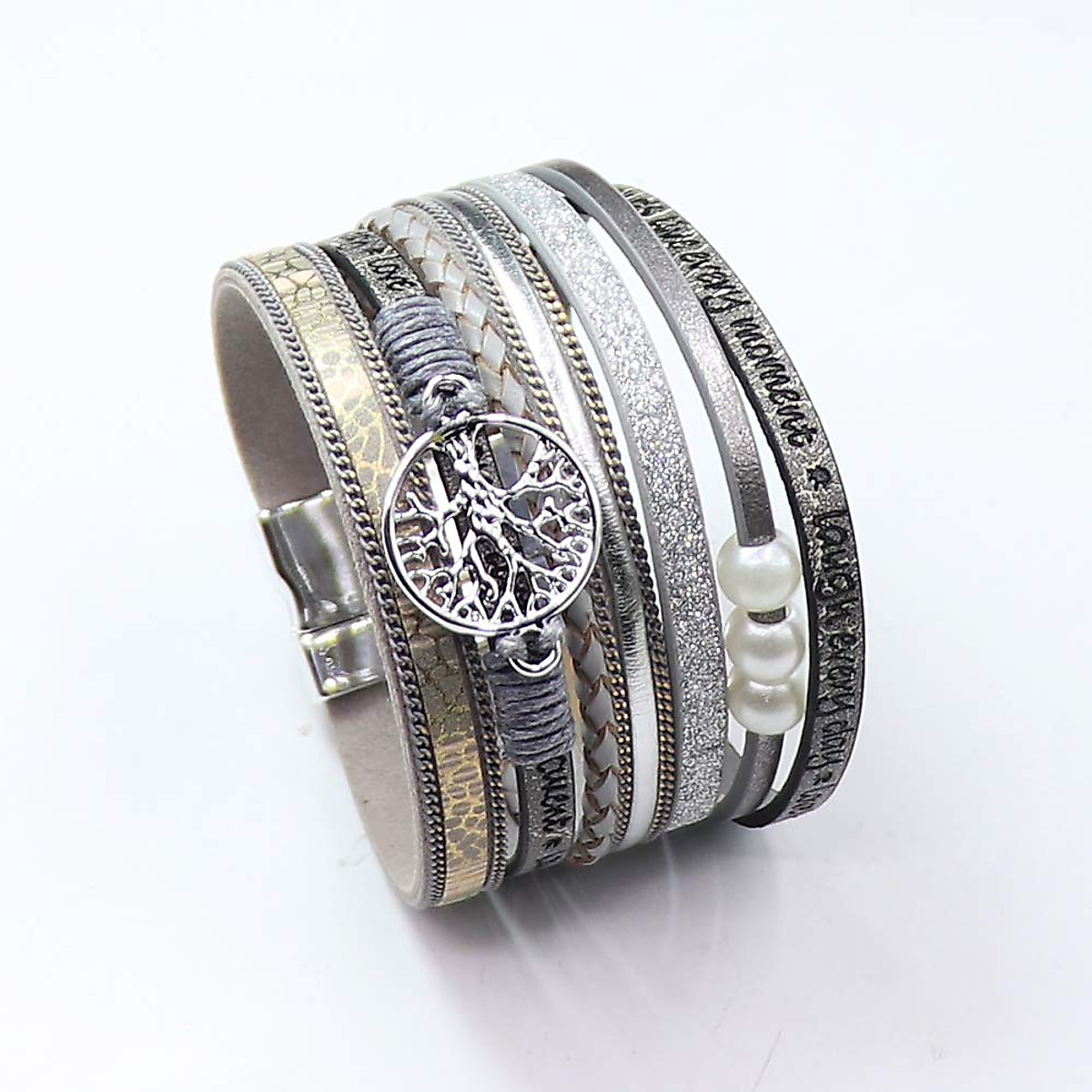 KSQS Tree of Life Multilayer Leather Wrap Bracelets，Boho Pearl Gorgeous Cuff Bracelet with Magnetic Buckle,Casual Bangle for Women