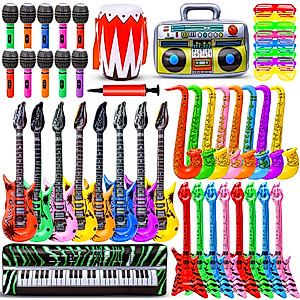 Max Fun Inflatable Rock Star Toy Set, 48pcs Inflatable Party Props for Kids 80s 90s Party Decorations Inflatable Guitars Inflate Rock Band Assortment Party Favors (Random Color)