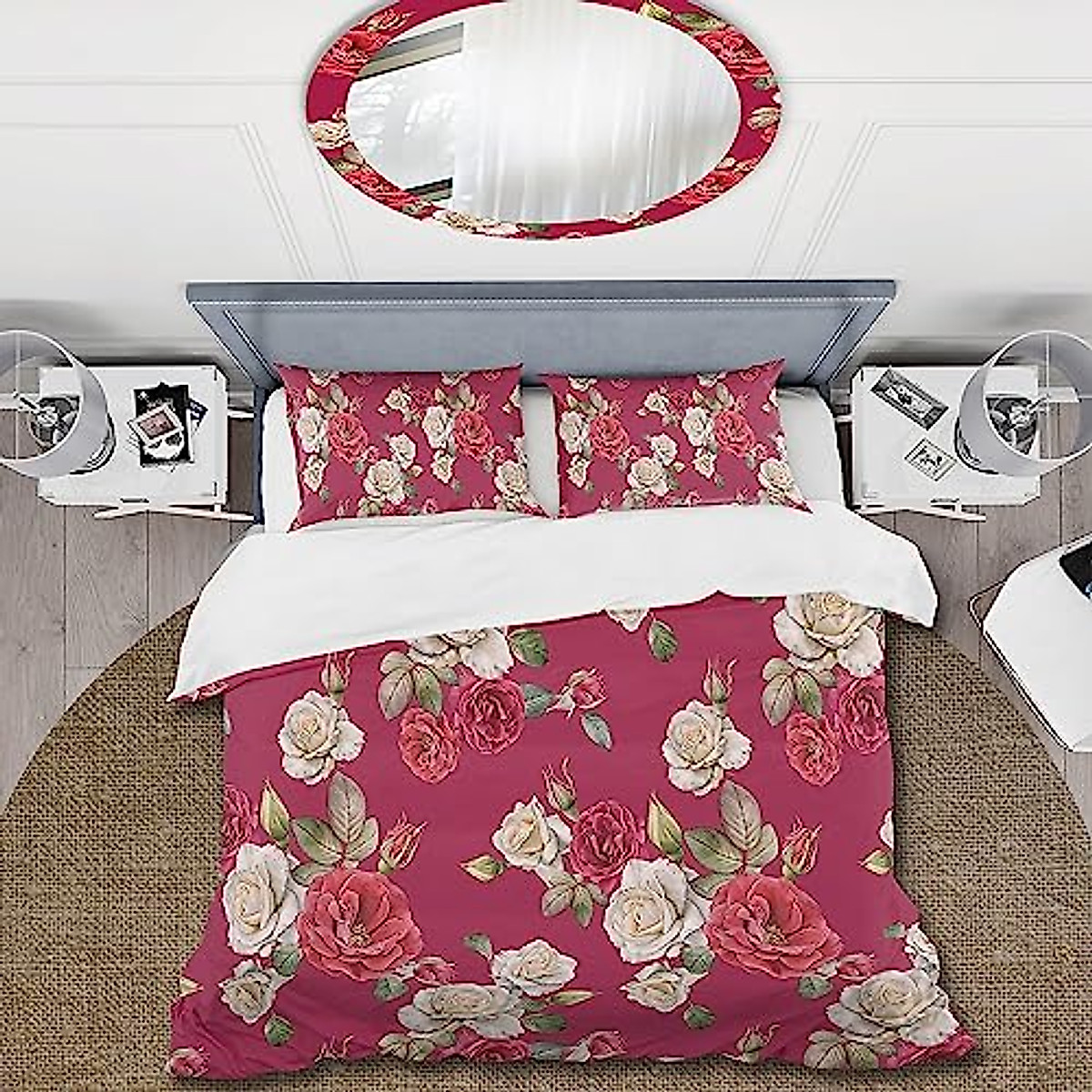 DESIGN ART Designart 'White Roses Pattern On Red Background' Traditional Duvet Cover Set King