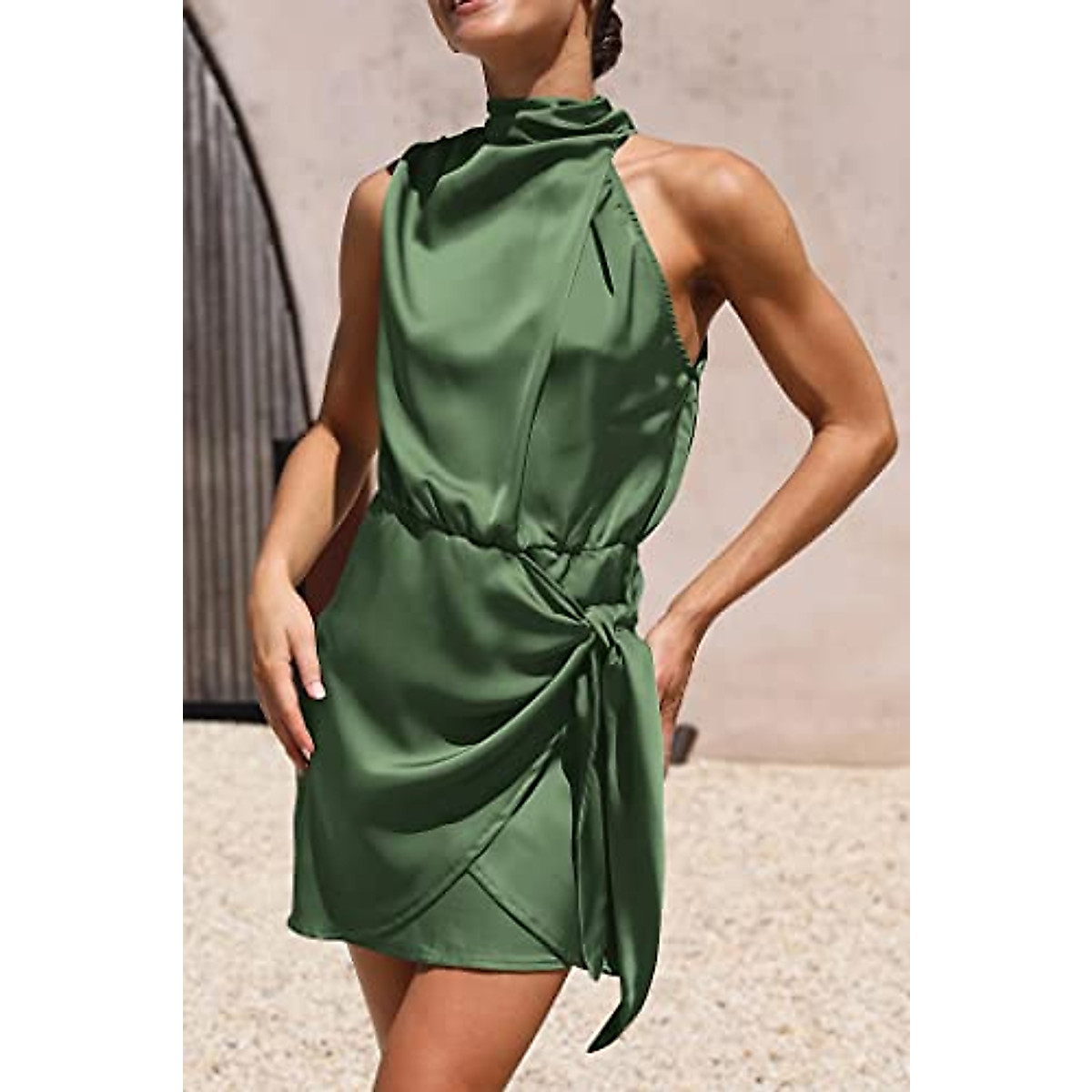 PRETTYGARDEN Women's Short Formal Satin Dress 2023 Summer Sleeveless Mock Neck Tie Waist Cocktail Party Dresses (Army Green,Small)