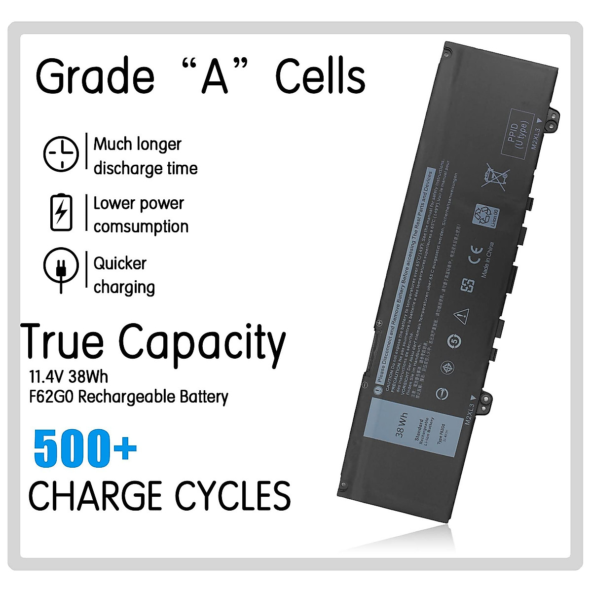 38WH F62G0 39DY5 Battery for Dell Inspiron 13 7000 i7373 7373 7386 2-in-1 7370 7380 5370 P83G P87G P91G P83G001 P83G002 P87G001 P91G001 Vostro 13 5370 039DY5 0F62G0 RPJC3 0RPJC3 F62GO 11.4V Laptop