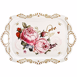 DEAYOU 3-Pack Melamine Serving Tray, Stackable Food Tray with Handles for Eating, Unbreakable Large Serving Platter with Floral Print for Gift, Party, Decor, Home, Restaurant, 16"L x 11"W, Rectangle