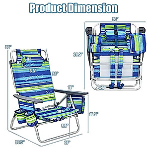 Giantex Beach Chair 2-Pack Sling Camping / Sunbathing Chairs with 5 Adjustable Position, Head Pillow, Storage Bag, Towel Bar, Cup Holders, Folding Fishing Backpack Lawn Chairs