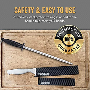 Top Chef’s 10' Knife Rod + Knife Guard Honing Steel Complete Kit | Professional Carbon Steel Honing Rod & Luxury Carry Bag – Universal Honing Rod / Stick for Kitchen, Butcher, Chef Knives and More(10)