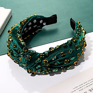 CENAPOG St Patrick's Day Rhinestone Knotted Headband for Women Green Crystal Embellished Hairbands Twist Turban Headband Elastic Wide Velvet Hair Hoop Party Holiday Headwear for Girls (Green)