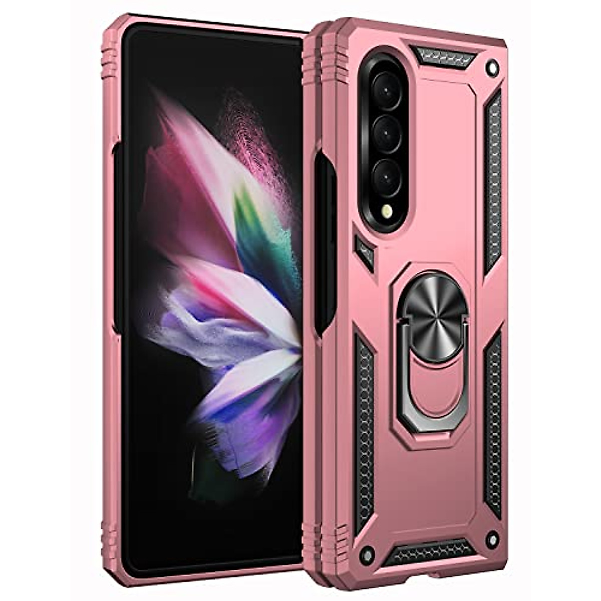 IKAZZ Galaxy Z Fold 3 Case,Samsung Z Fold 3 Cover Military Grade Shockproof Heavy Duty Protective Phone Case Pass 16ft Drop Test with Magnetic Kickstand for Samsung Galaxy Z Fold 3 Rose Gold