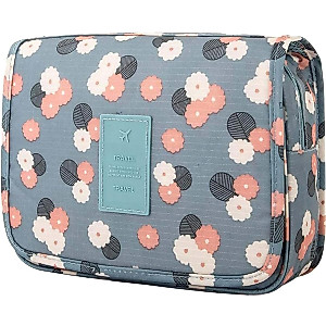 Trawila Travel Hanging Toiletry Bag Cosmetic Bag Makeup Organizers for Men & Women with Sturdy Hook (Blue flower)