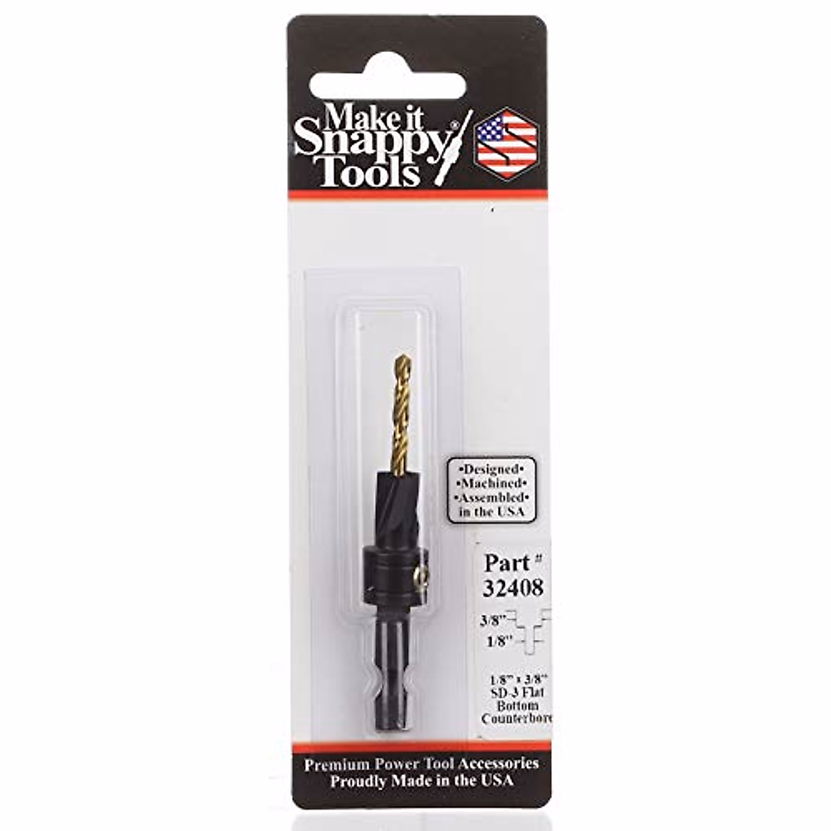 Snappy Tools 1/8 Inch x 3/8 Inch 3-Flute Flat Bottom Counterbore with TiN coated twist drill #32408