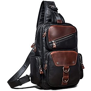 CENUNCO Genuine Leather Sling Bag for Men Capacity Crossbody Backpack Casual Motorcycle Chest Bag Anti-Theft Travel Purse (Black)