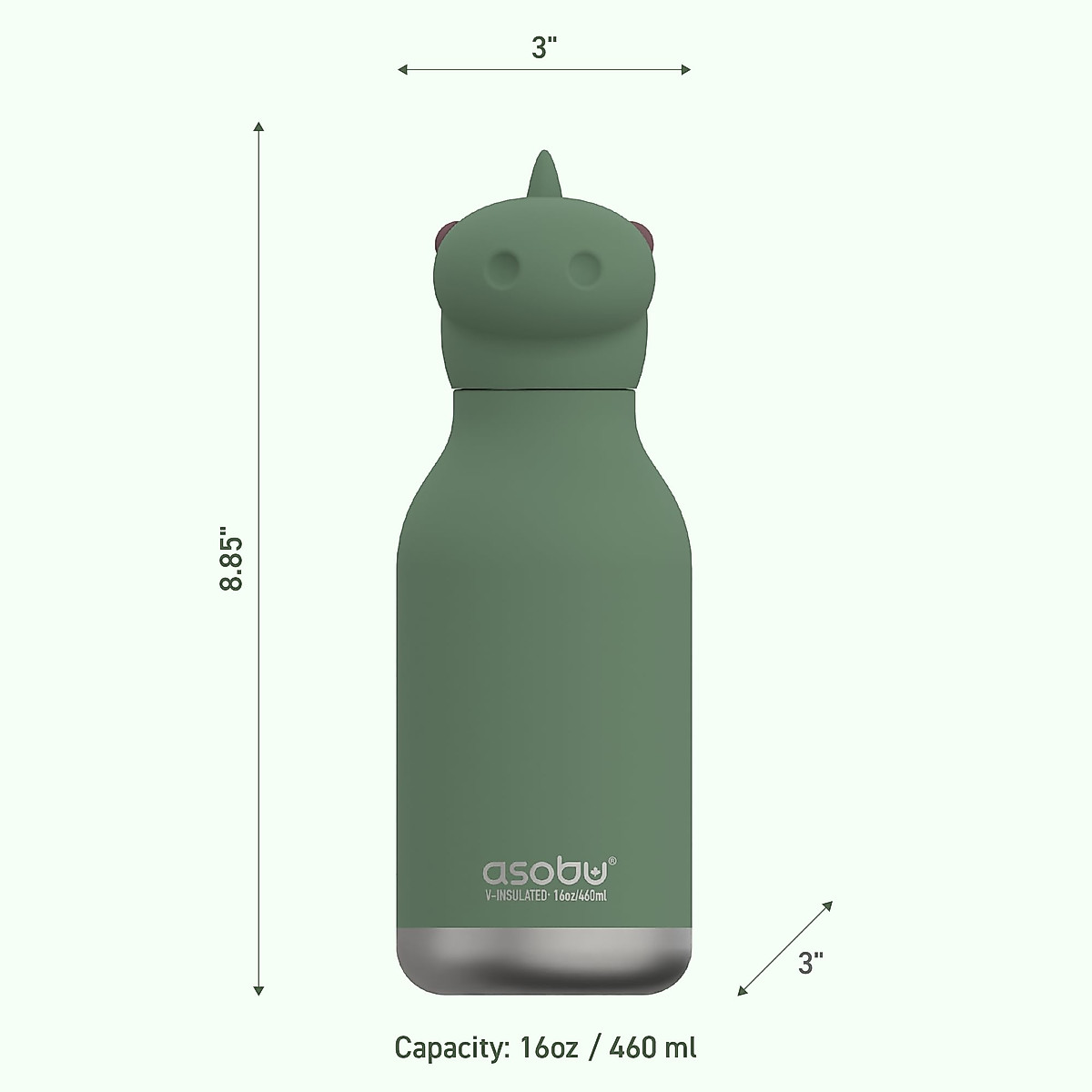 asobu Bestie Bottle Insulated Stainless Steel Water Bottle with Detachable Soft Animal Head Fun Drinking for Kids and Teens with Flexible Reusable Straw 16 Ounce (Dinosaur)