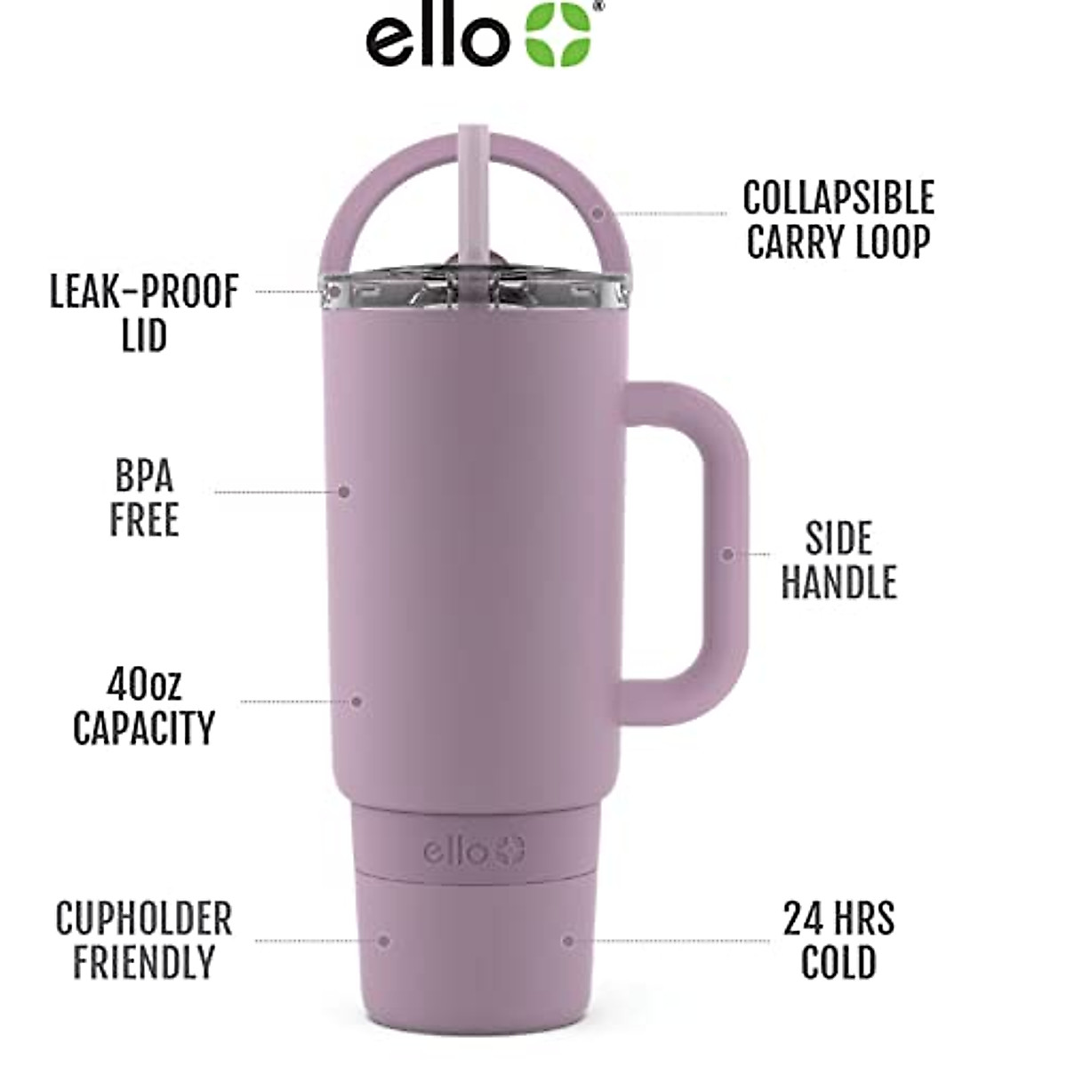 Ello Port 40oz Tumbler with Carry Loop & Integrated Handle, Vacuum Insulated Stainless Steel Reusable Water Bottle, Travel Mug with Leak Proof Lid and Straw, Perfect for Iced Coffee and Tea, Mauve