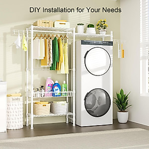 Ulif Clothes Drying Rack, Over Washer and Dryer Laundry Room Storage Shelf, Bathroom Towel Rack Space Saver with Adjustable Shelves, Wire Basket, and Rotatable Hooks, 63.4"L x 13.4"D x 76.7"H, White