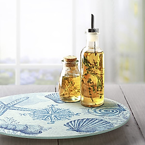 CounterArt Coastal Sketch 4mm Heat Tolerant Tempered Glass Lazy Susan Turntable 13" Diameter Cake Plate Condiment Caddy Pizza Server