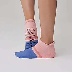 Aprilaugust Non Slip Grip Ankle Socks for Yoga, Pilates, Barre, Barefoot training and Running (G_Pink + Beige + Blue (3pairs), S/M)