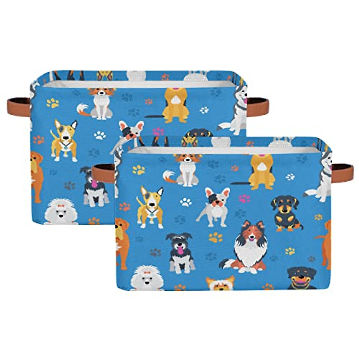 Pardick Animal Dog Breed Paw Storage Basket Storage Cube Bins Cute Puppy Print Canvas Collapsible Toy Basket Organizer Waterproof Laundry Box with Handle for Shelf Closet Office Bedroom, 2PCS