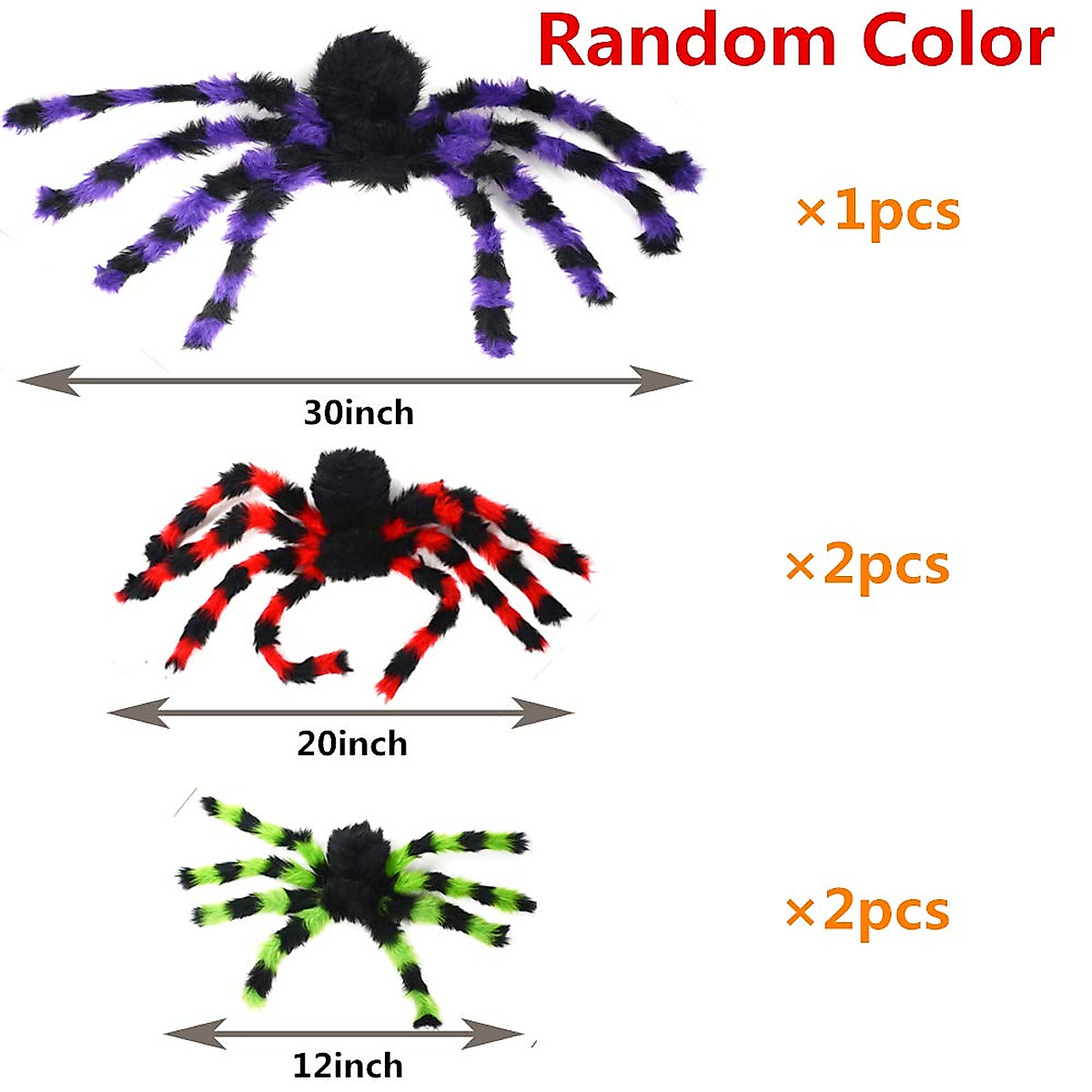 BEIGUO 5pcs Halloween Spider Giant Spider with Red Eyes Colorful Hairy Scary Halloween Spider Decorations for Indoor,Outdoor(1pcs 30",2pcs 20",2pcs 12")