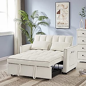 YUNLife&Home 3 in 1 Convertible Pull Out Sleeper Sofa Bed, Loveseat Futon Sofá Chair with Adjustable Reclining Backrests,Side Pockets&2 Pillows, Small Love Seat Lounge Couch, Velvet Beige 53.14" w