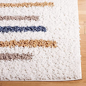 SAFAVIEH Calico Shag Collection Area Rug - 6'7" Square, Ivory & Gold, Stripe Design, Non-Shedding & Easy Care, 1.6-inch Thick Ideal for High Traffic Areas in Living Room, Bedroom (CLC110A)