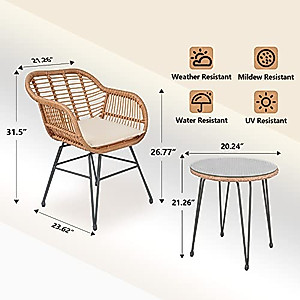 Leasbar 3 Piece Patio Conversation Bistro Set Porch Furniture Rattan Wicker Chairs，Outdoor Modern Garden Furniture Set for Porch Backyard Pool