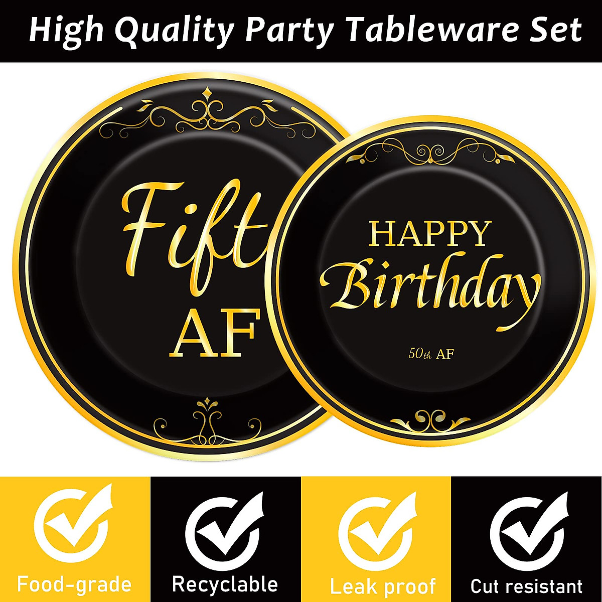 50th Birthday Black Gold Party Paper Plates and Napkins Supplies Disposable Fifty AF 50 Years Party Decorations for Him Her Serve 24 Guests