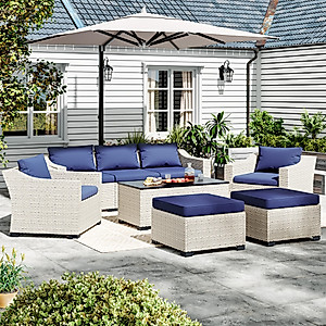 LHBcraft Patio Conversation Set Rattan Outdoor 8 Piece Sectional Furniture Sofa Set Wicker Couch with Coffee Table and Cushions for Poolside, Backyard