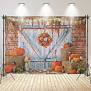 LIVUCEE 10x8ft Polyester Fall Rustic Farm Door Photography Backdrop Autumn Thanksgiving Pumpkin Harvest Barn Background for Children Birthday Party Banner Decoration Photobooth