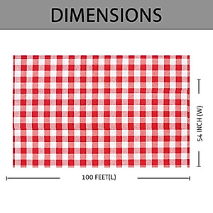 Red Gingham Checkered Table Cloth - Self Cutter Picnic Durable Table Cover Plastic, Tablecloth Rectangle Roll 54 Inch X 100 Feet | Water Resistant Thin Disposable Outdoor Tablecloth