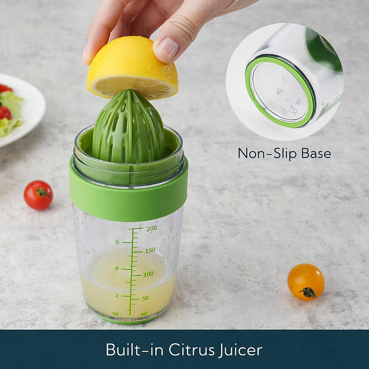 KITCHENDAO 2 in 1 Salad Dressing Shaker Bottle with Juicer, Pour Spout, Leakproof, Soft Grip, Dishwasher Safe, BPA Free Travel Homemade Oil and Vinegar Salad Dressing Container Mixer Dispenser, 1 Cup