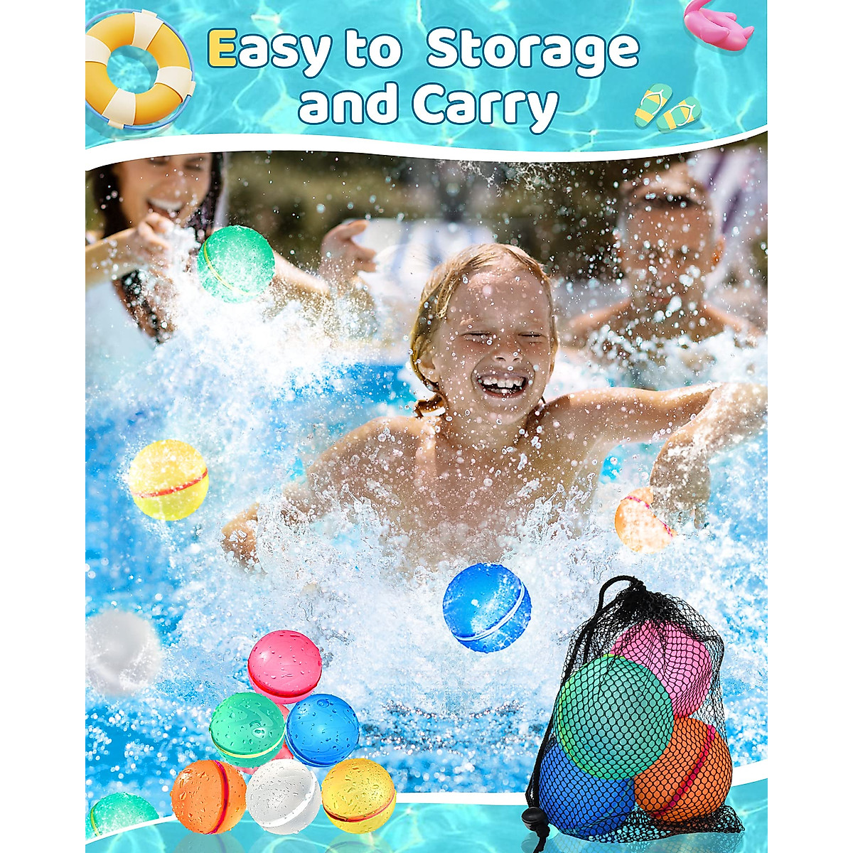 KOKODI Reusable Water Balloons for Kids, Self-Sealing Splash Water Balls Refillable, Quick Fill Pool Toys for Kids Games Outdoor (4 PCS)