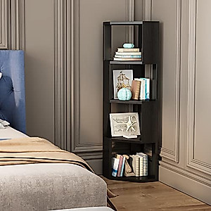 MIN WIN 5 Tier Corner Shelf Bookcase Wooden Display Bookshelf Storage Rack,Standing Tall Corner Bookshelf Display Unit Storage Rack,Multipurpose Shelving Unit for Living Room and Home Office, Black