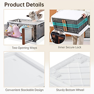 Joyoolife Folding Storage Bin with Lid, 3 PCS 25 Gallons (86Qt) Clear Folding Storage Cabinet with Doors,Collapsible Organizer with Wheels, Stackable Plastic Container for Quilts, Clothes, Books