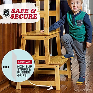 Play Platoon Toddler Kitchen Stool - Light Wood Wooden Step Stool Tower for Kids Kitchen Counter Learning, Standing Tower for Kitchen Counter, 3 Heights Adjustable Solid Wood, Non-Slip Mat for Safety