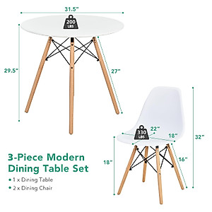 Giantex 3-Piece Dining Table Set, Modern Round 31.5" D Dining Table & 2 DSW Chairs W/Solid Wood Legs, Home Furniture Set for Small Spaces Dining Room Kitchen Restaurant, White