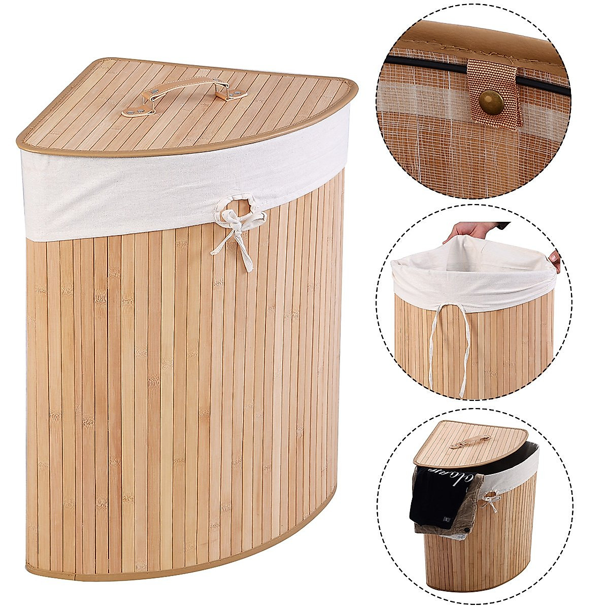 GOFLAME Corner Bamboo Laundry Hamper with Lid and Removable Liner, Washing Clothes Basket Storage Bin with Handle, Suitable for Bedroom, Bathroom, Laundry (Natural)
